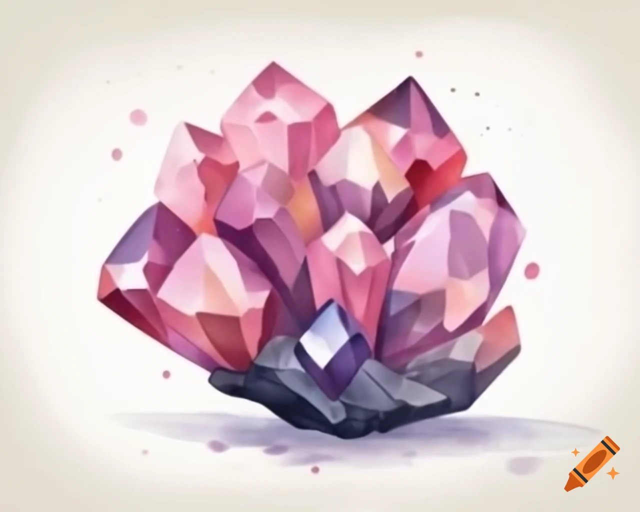 Multi-faceted pink diamond crystal cluster in watercolor style on Craiyon