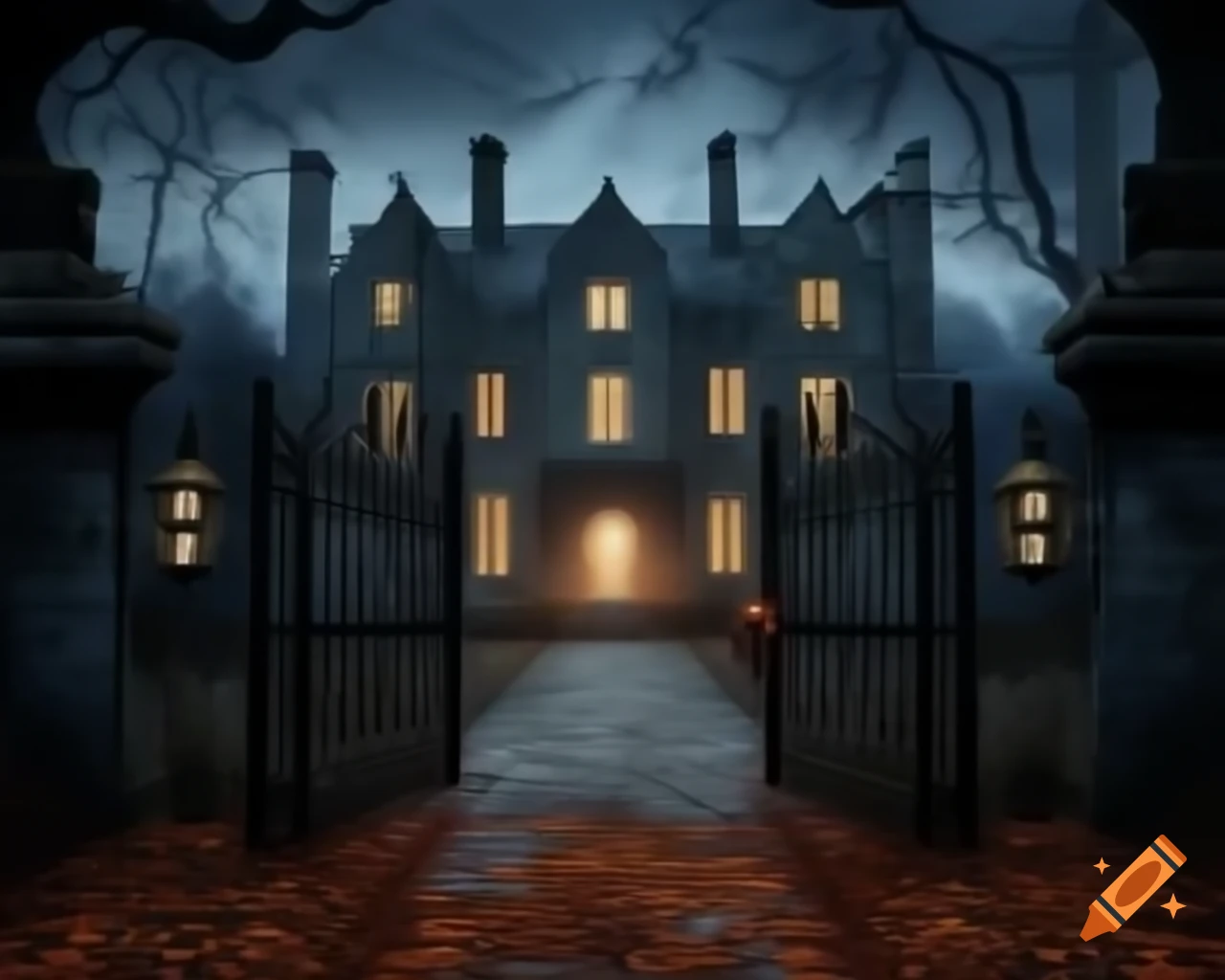 Stone manor shrouded in shadows on halloween night with ornate gates on ...