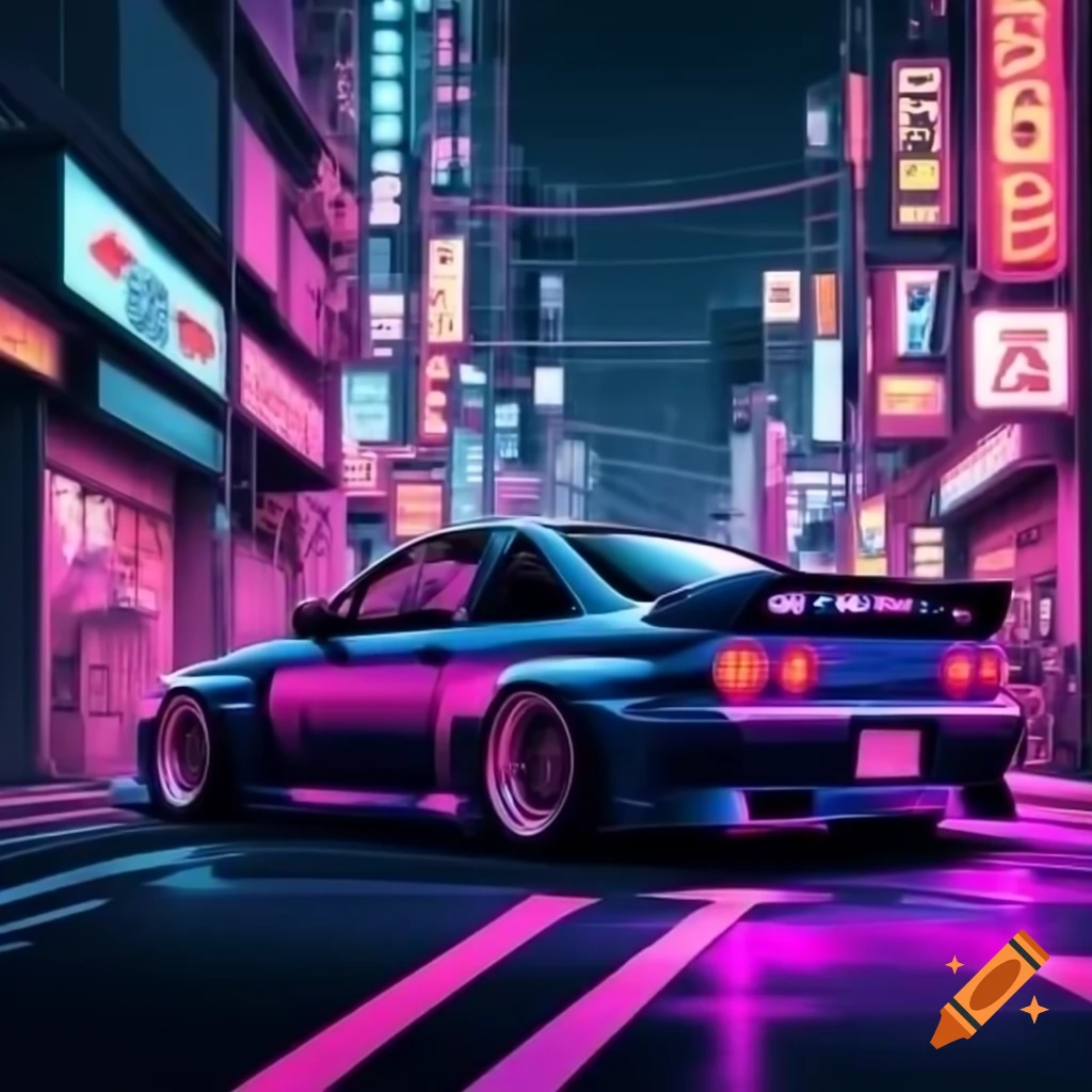 JDM modified car in vibrant Japanese neon city setting on Craiyon