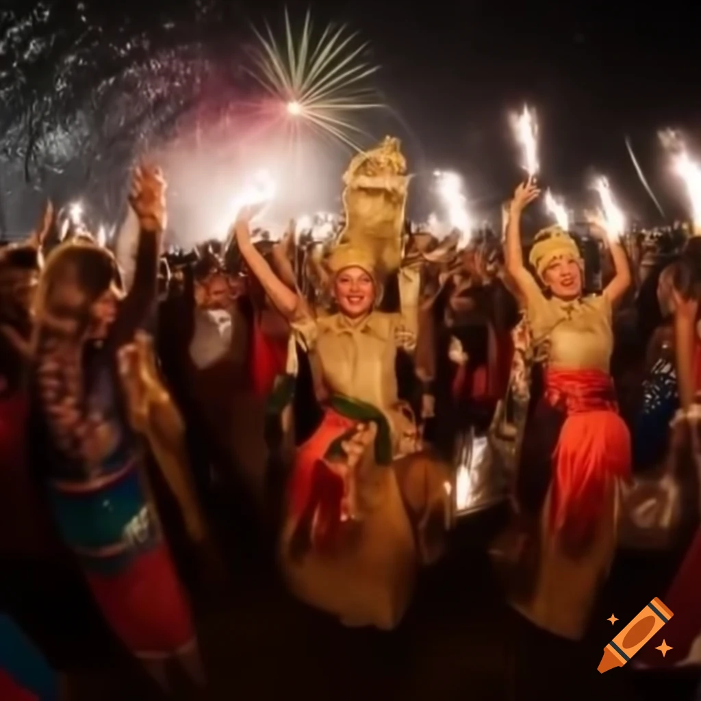 Crowd in traditional costumes celebrating under vibrant fireworks on ...