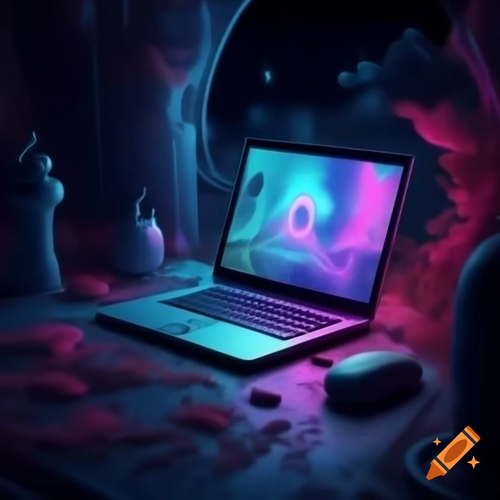 Laptop in mystical environment with synthwave design at night on Craiyon
