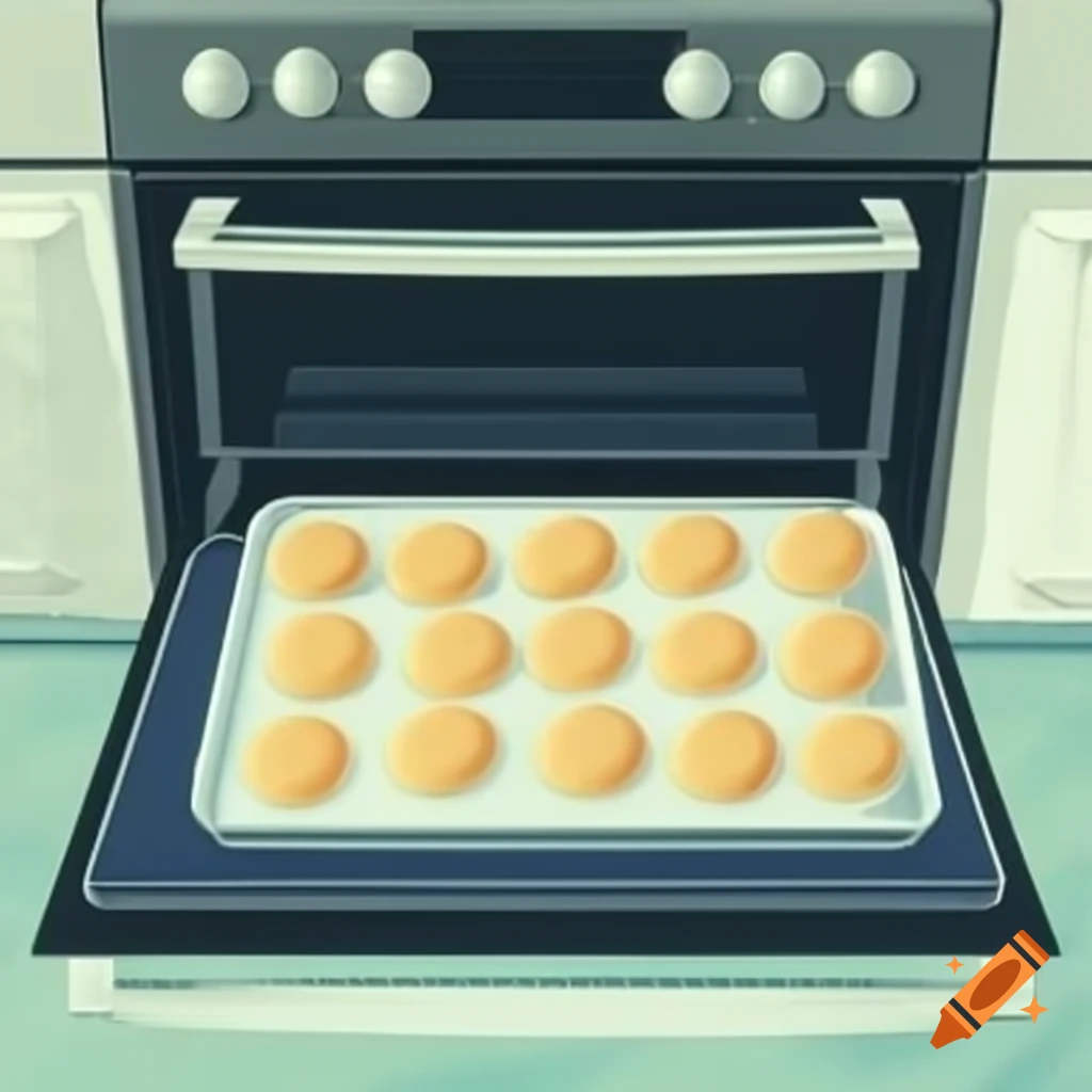 Cartoon art of plain cookies baking on tray in closed oven on Craiyon