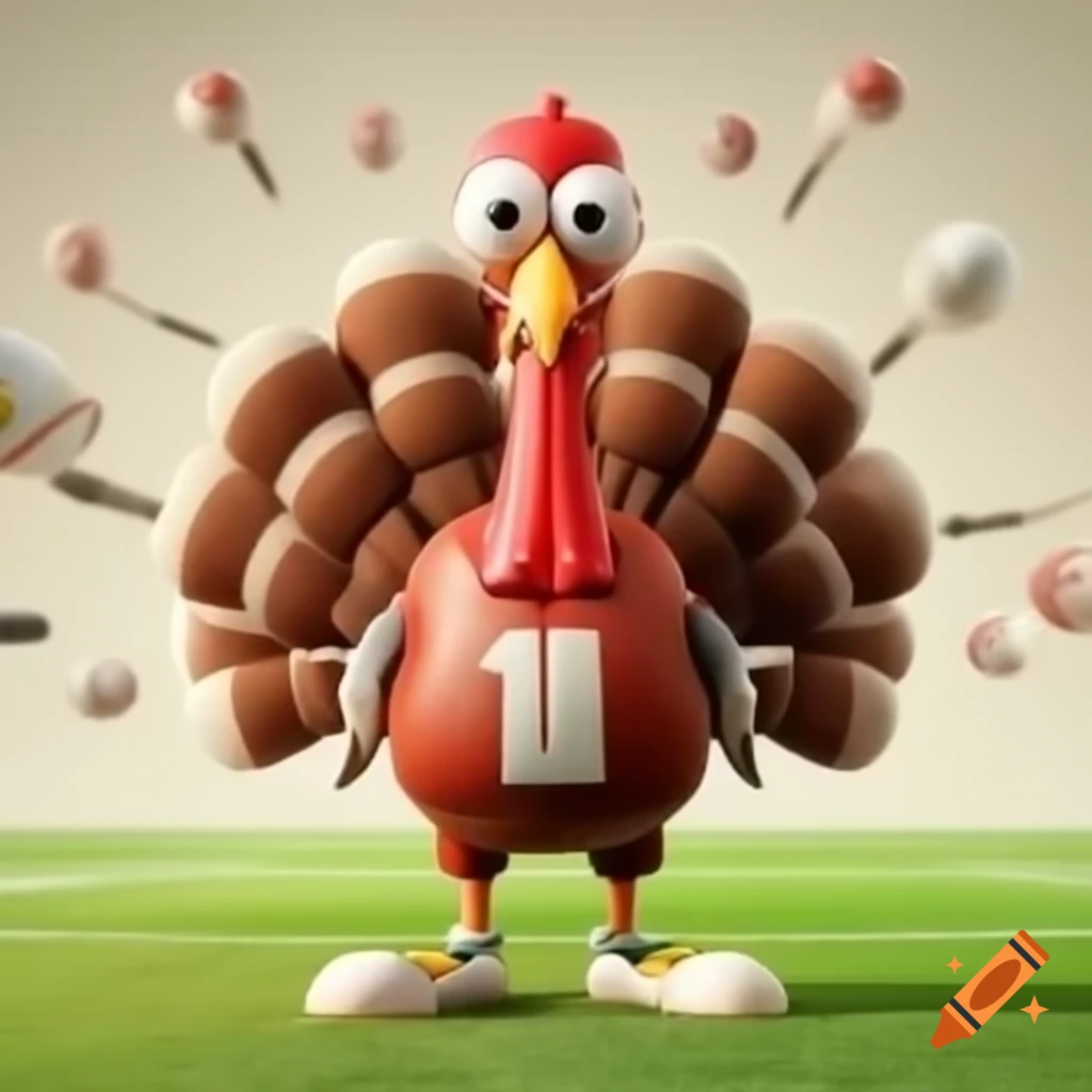 Cartoon turkey in detailed football uniform with exaggerated humorous ...