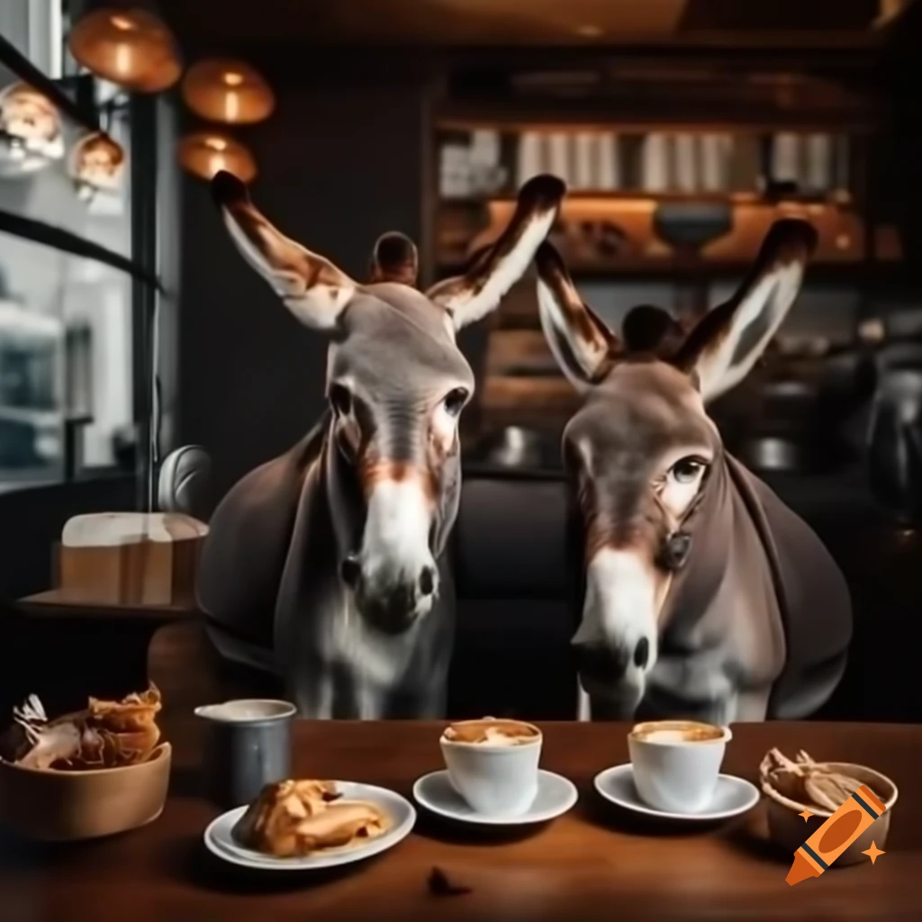 Two playful donkeys, one with espresso beans and the other juggling ...