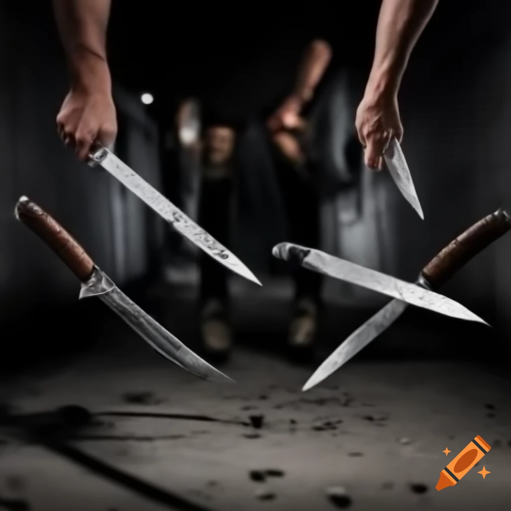 Dynamic scene of feet wielding knives in aggressive stance in dimly lit ...