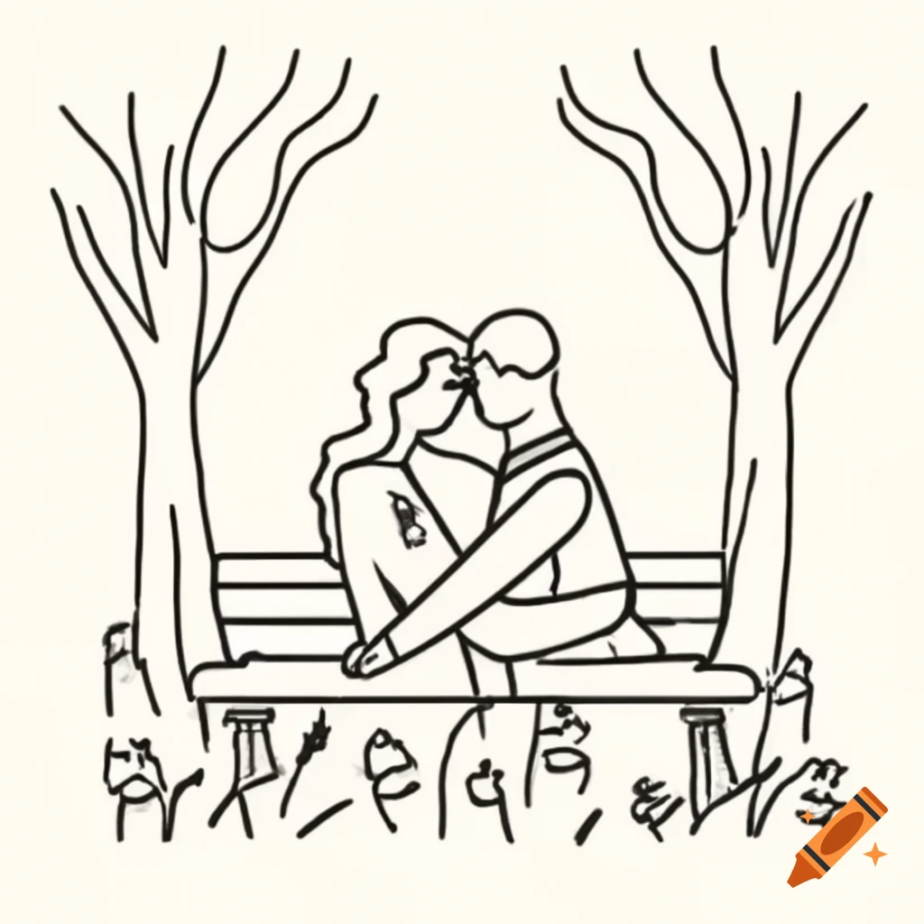 Subtle line sketch of two figures in an embrace on a forest bench on ...