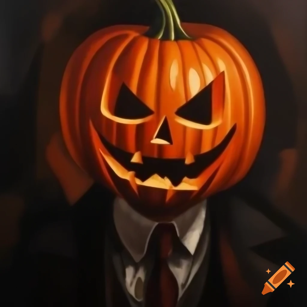 Geometric oil painting of man with jack-o'-lantern head in Halloween ...