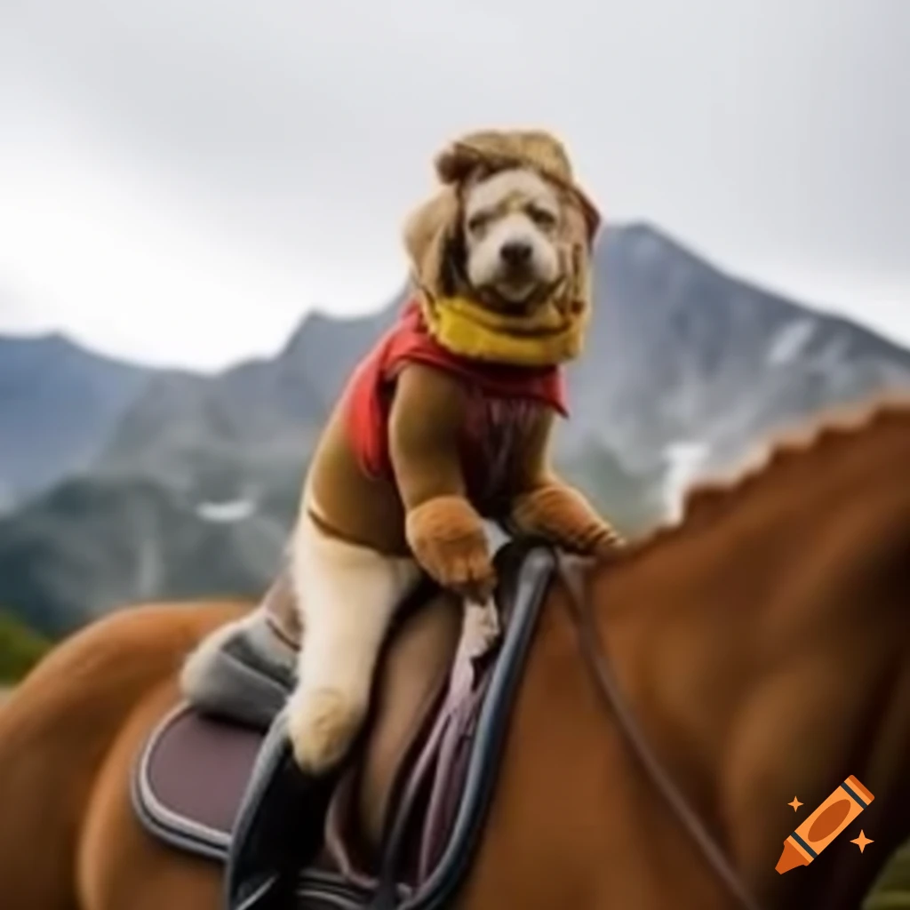 Pyrenean mountain dog riding alongside a horse on Craiyon