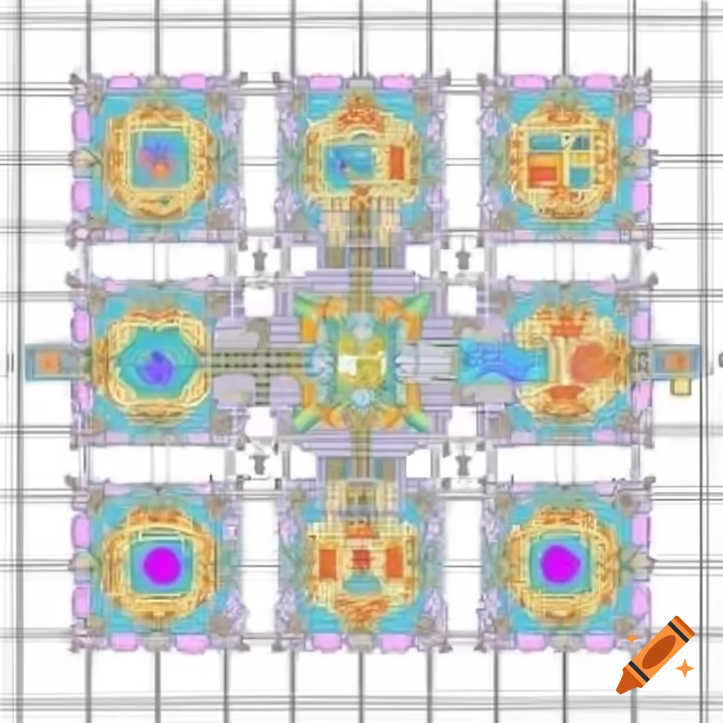 Pixelated grid map of a whimsical wizardry dungeon in rainbow fractal ...
