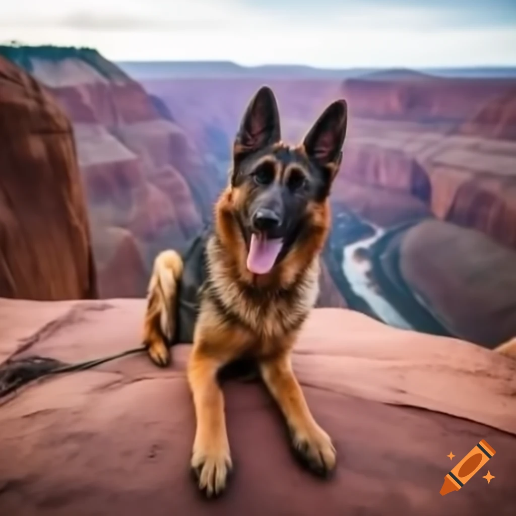 German shepherd dog and cat playing happily in the Grand Canyon on Craiyon