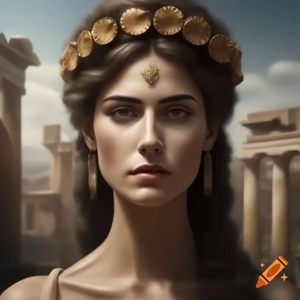 Ancient greek queen's face in diadem with ancient city ruins on Craiyon