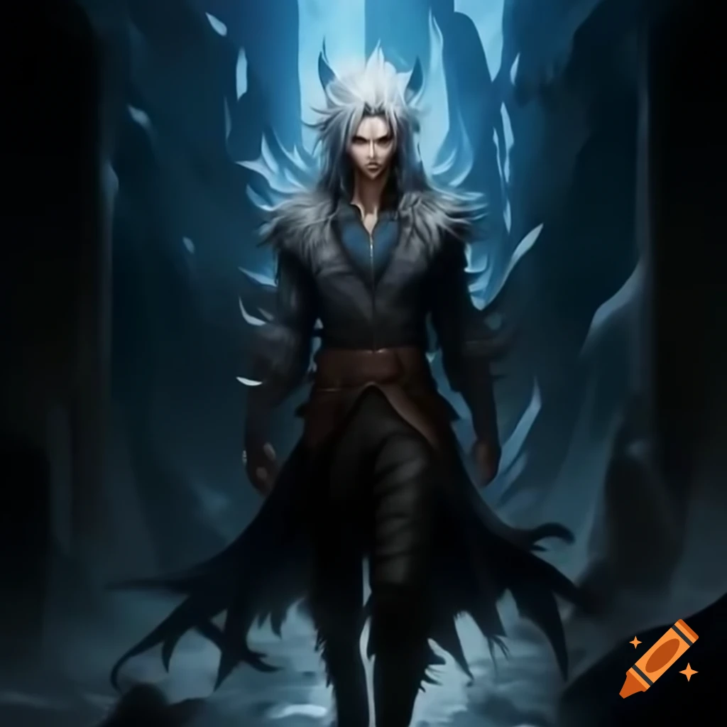 Fantasy characters with silver spiked hair and icy-blue eyes wearing ...