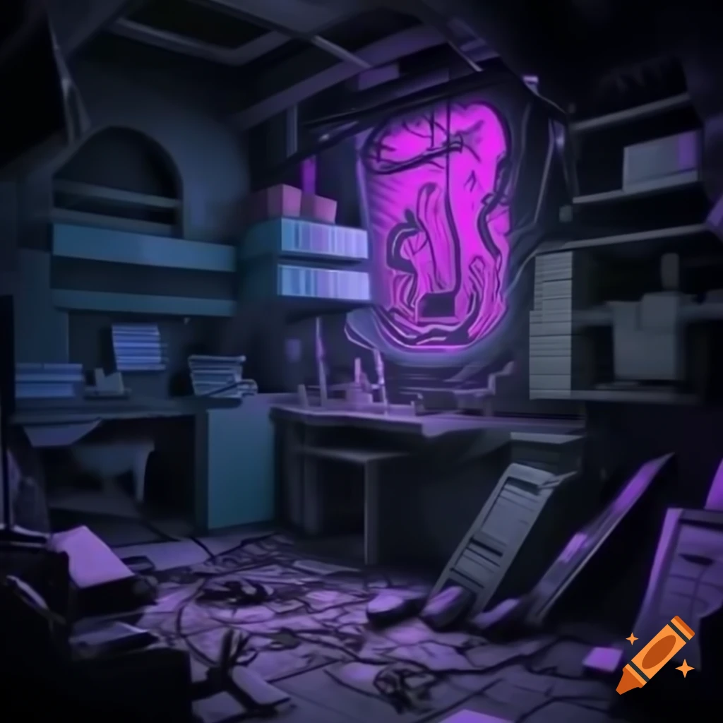 Cartoon depiction of destroyed cyberpunk lab featuring cryostasis ...