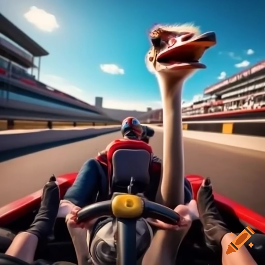 Ostrich participating in karting race on Craiyon
