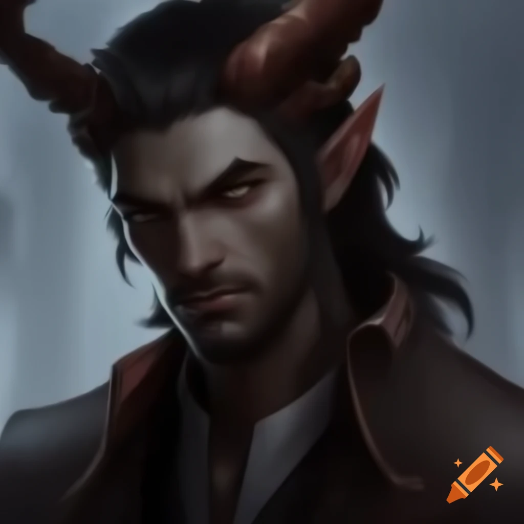 Handsome Tiefling character with horns in fantasy setting on Craiyon