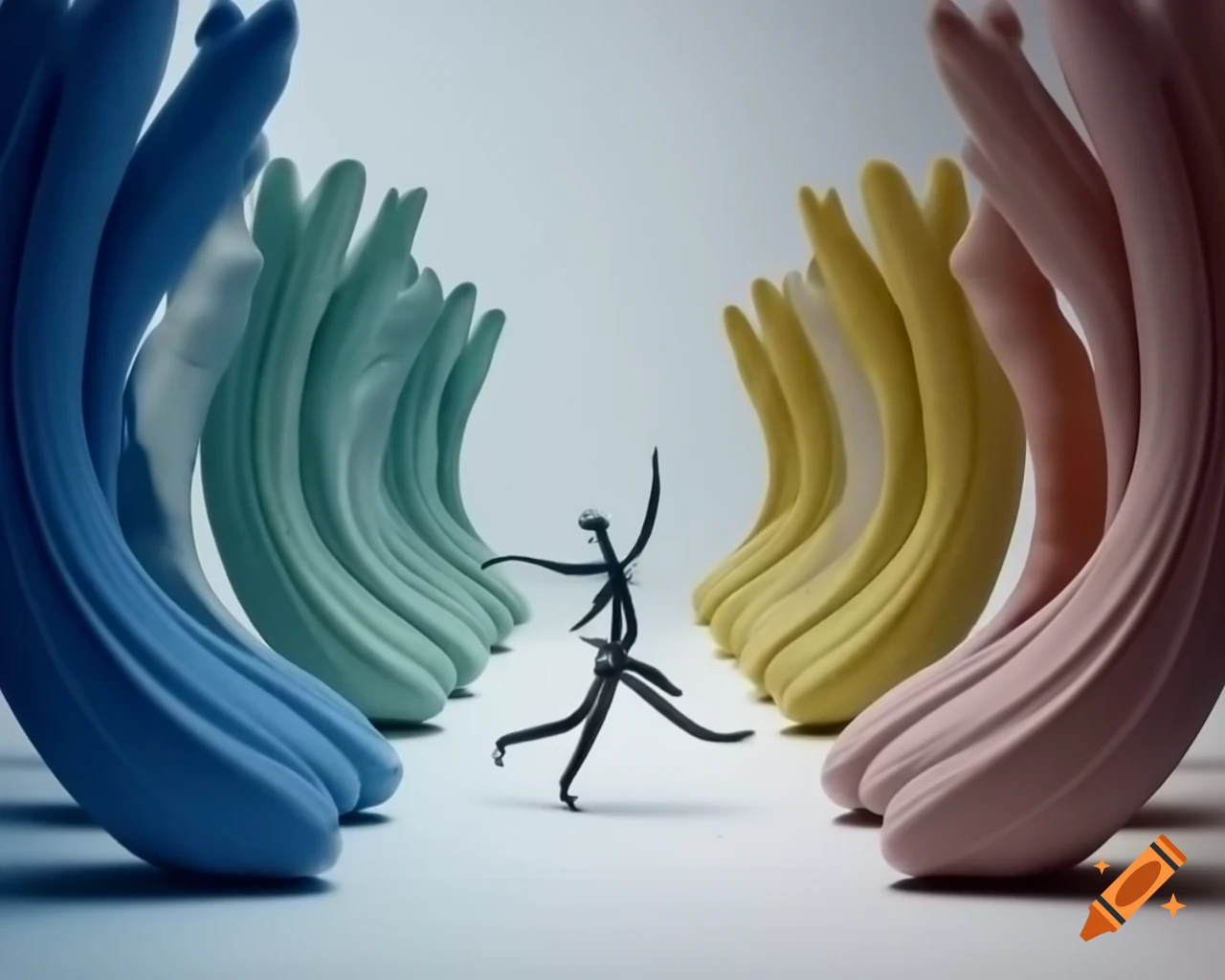 Abstract sculpture of a slender metal figure reaching towards ...