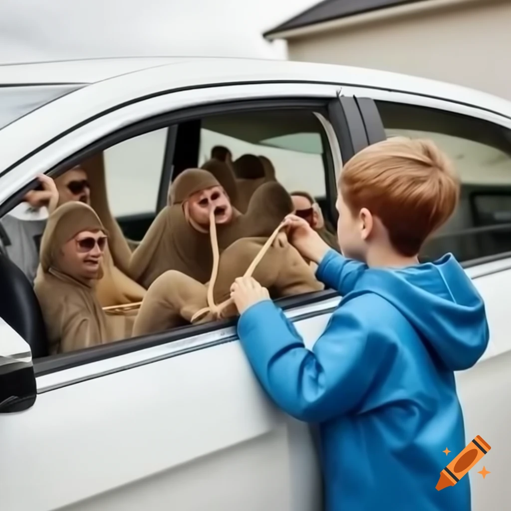 Child in blue jacket playfully wiping boogers on a white car on Craiyon
