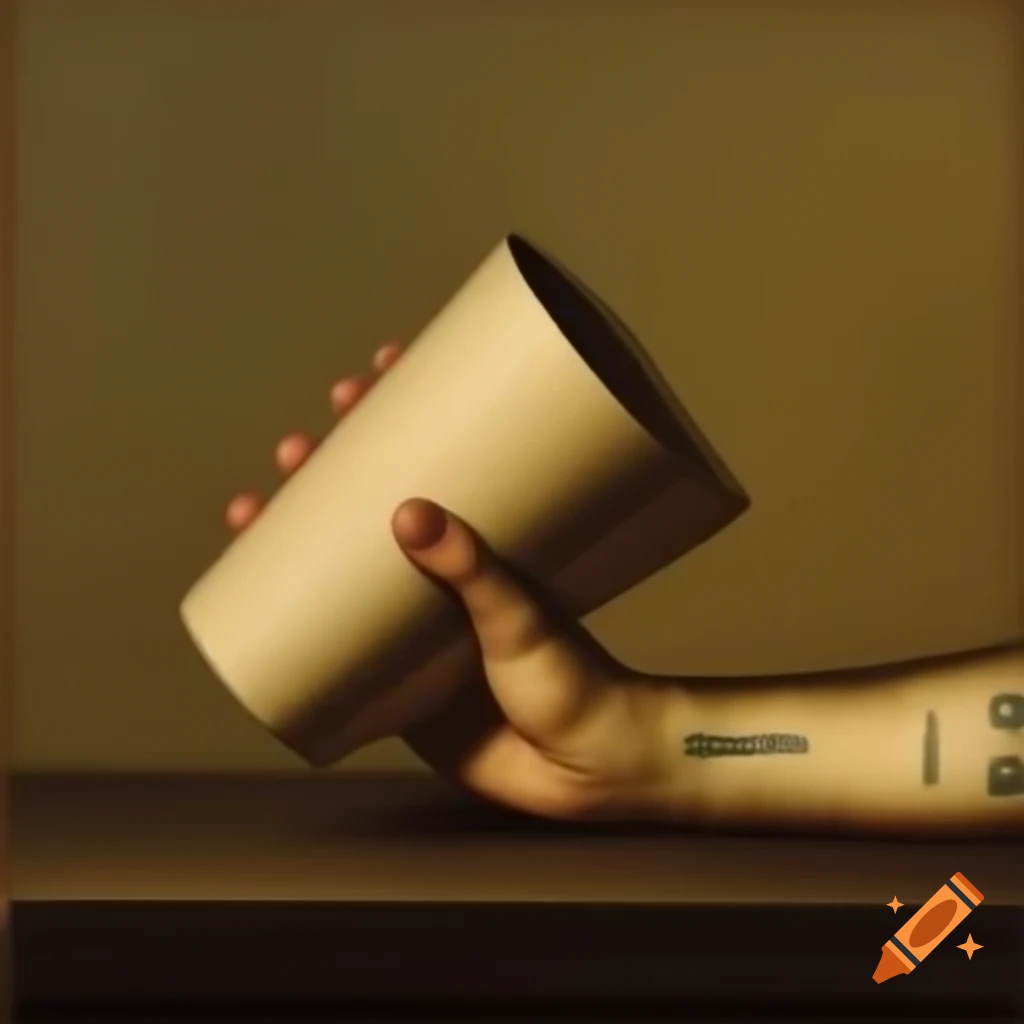 Tattooed arm holding tilted paper cup against simple background, oil ...