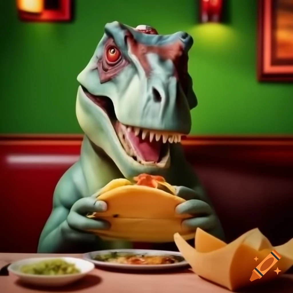 T-rex enjoying a taco, humorous depiction on Craiyon