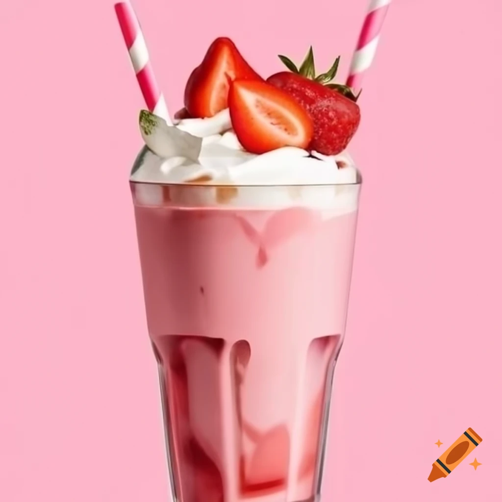 Blushing pink milkshake layered with strawberries and whipped cream on ...