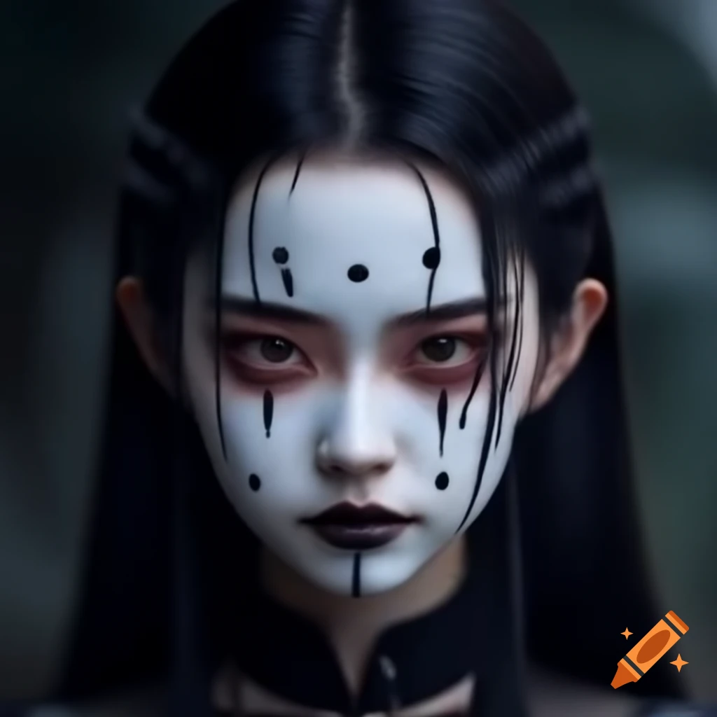Young Japanese woman in gothic clothing with black hair and white face makeup, featuring black ...