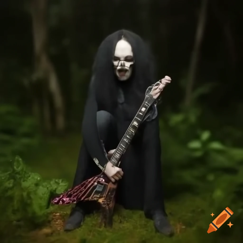 Sinister figure in dark attire with flowers, holding destroyed guitar ...