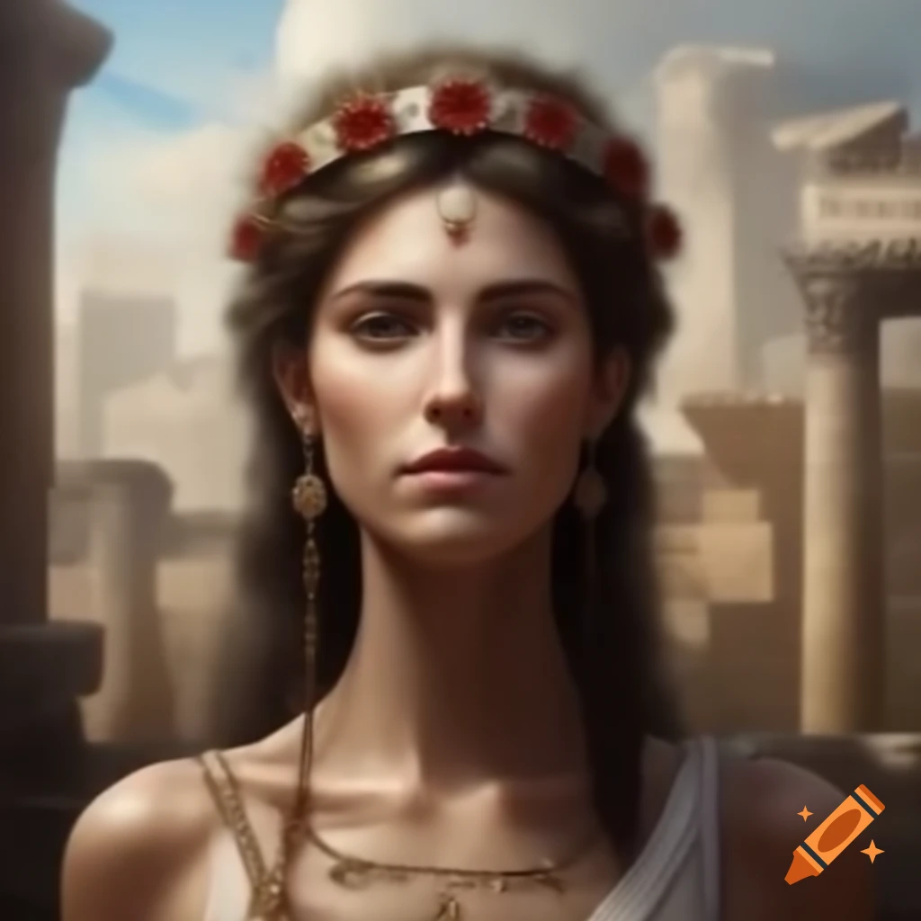 Ancient greek queen's face in diadem with ancient city ruins on Craiyon