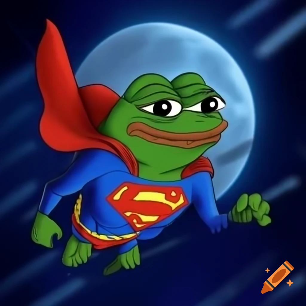 Pepe the Frog as a superhero flying through space with cape and moon on ...
