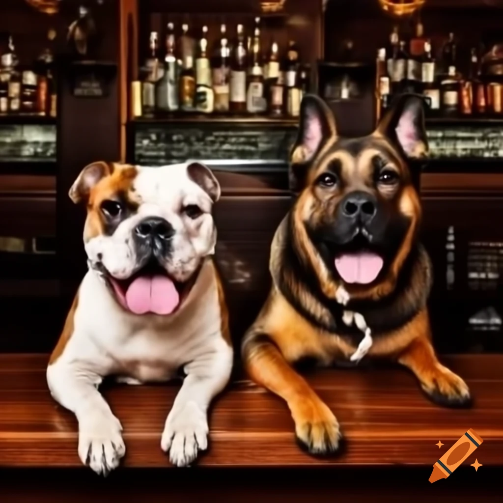 Two dogs sitting at a bar, an English bulldog and a Belgian, both ...