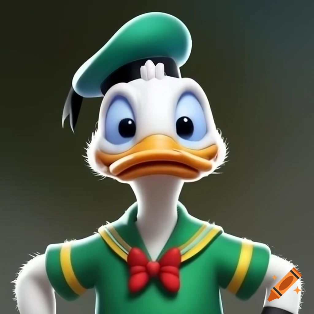 Cartoon duck resembling Donald Duck in green and yellow sailor outfit ...