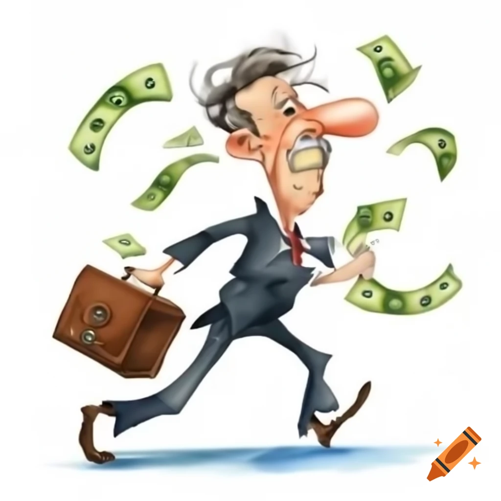 Satirical cartoon of man fleeing with money-filled briefcase while ...