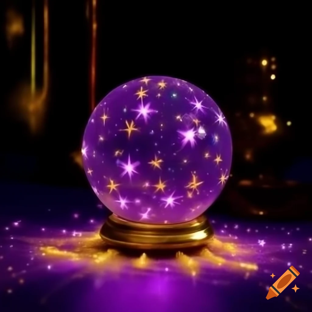 Iridescent deep purple resin orb with golden star glitter on Craiyon