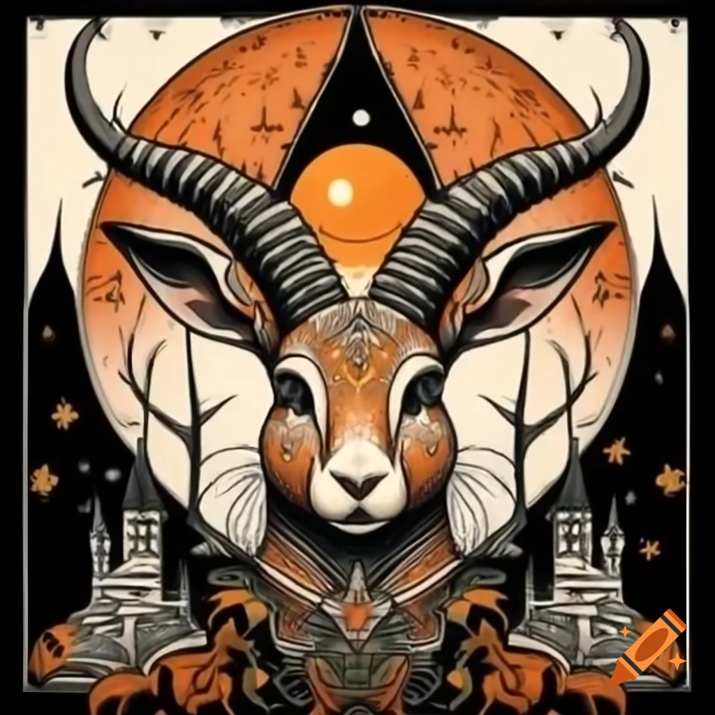 Tattoo style drawing of rabbit head with antelope horns against stars ...
