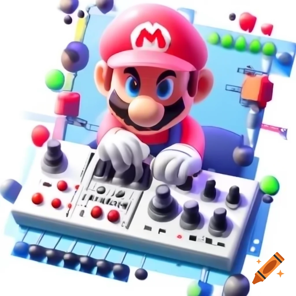 8-bit Mario playing a modular synthesizer in a game level on Craiyon