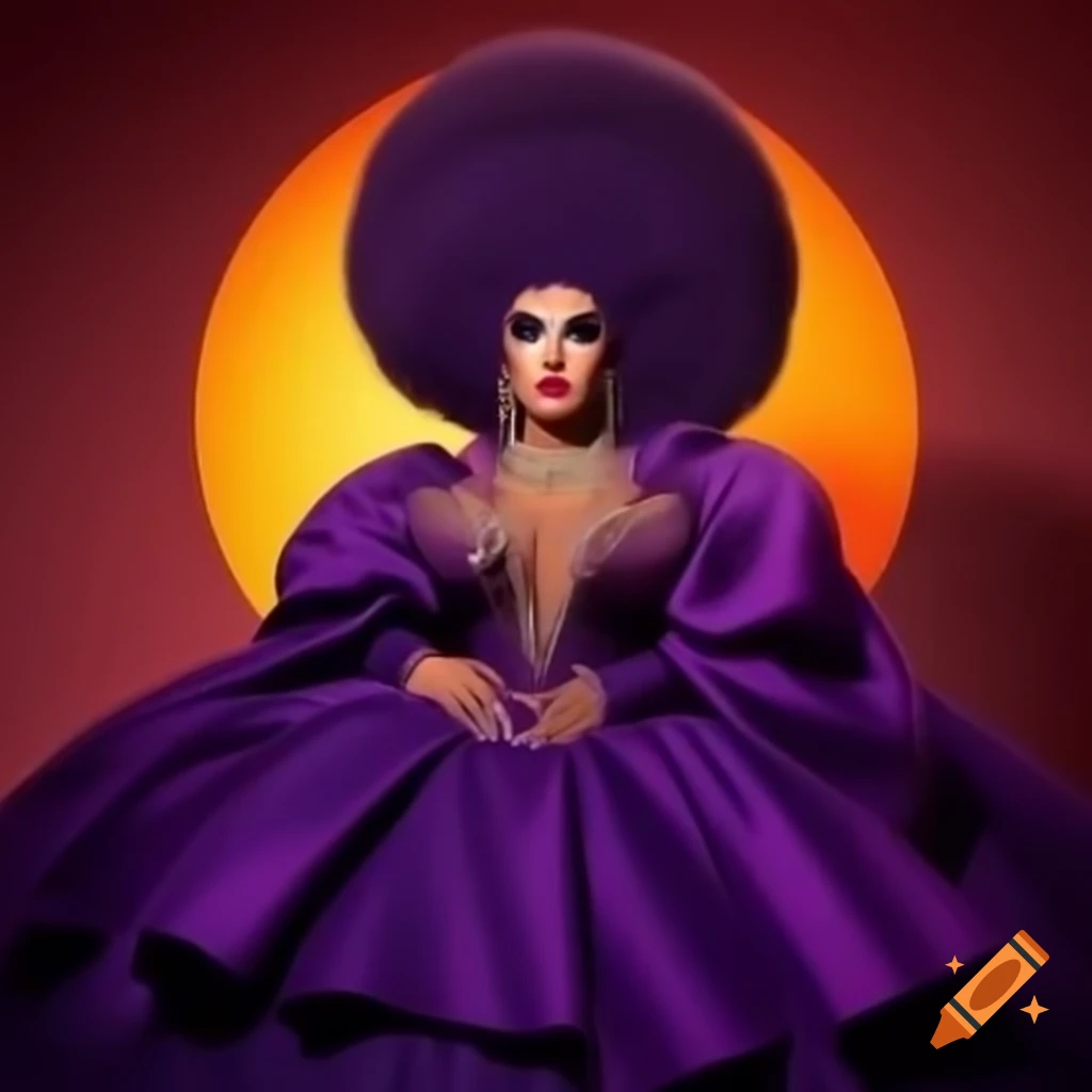 Glamorous drag queen in purple and gold ball gown at sunset on Craiyon