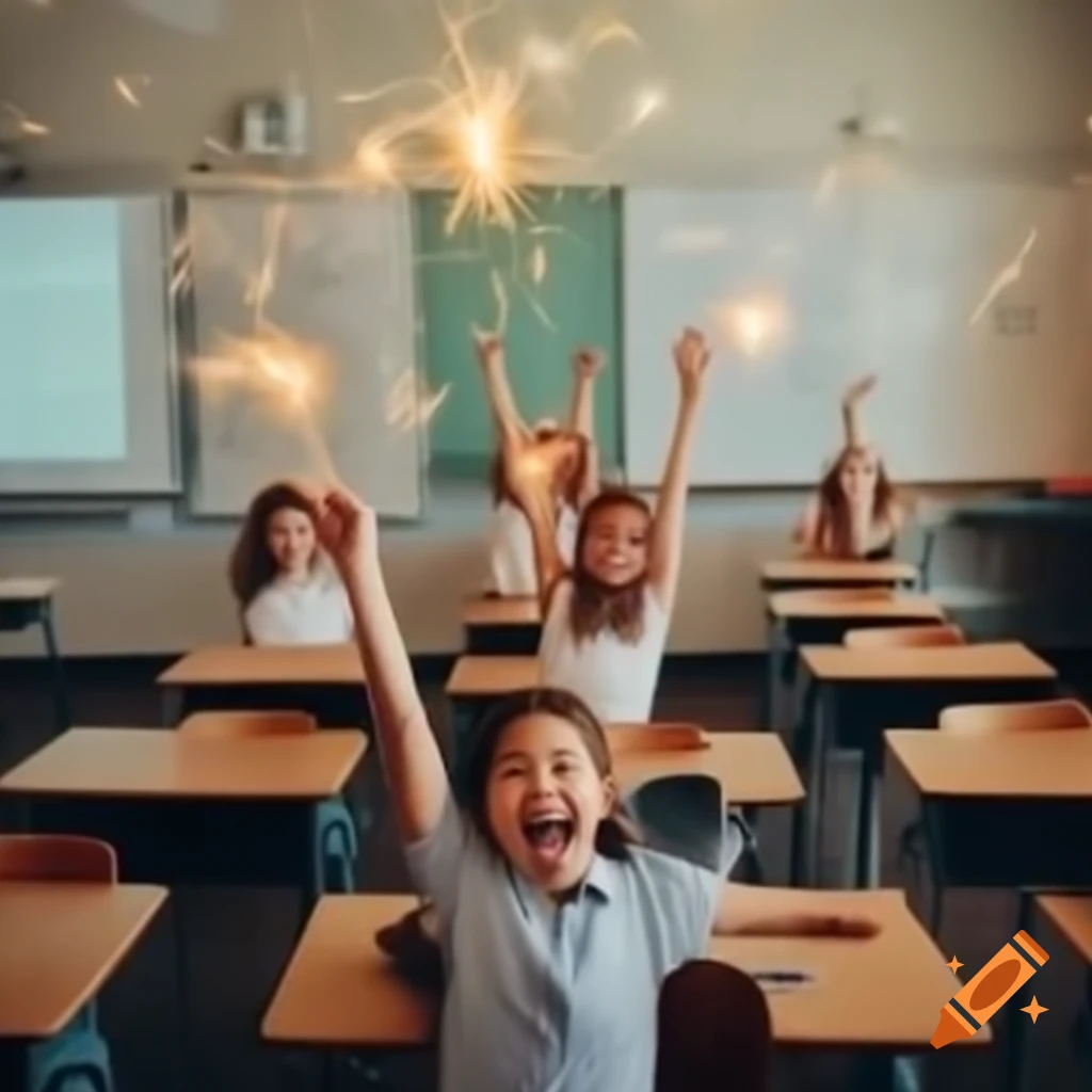 Energetic classroom with students smiling and engaging with technology on Craiyon