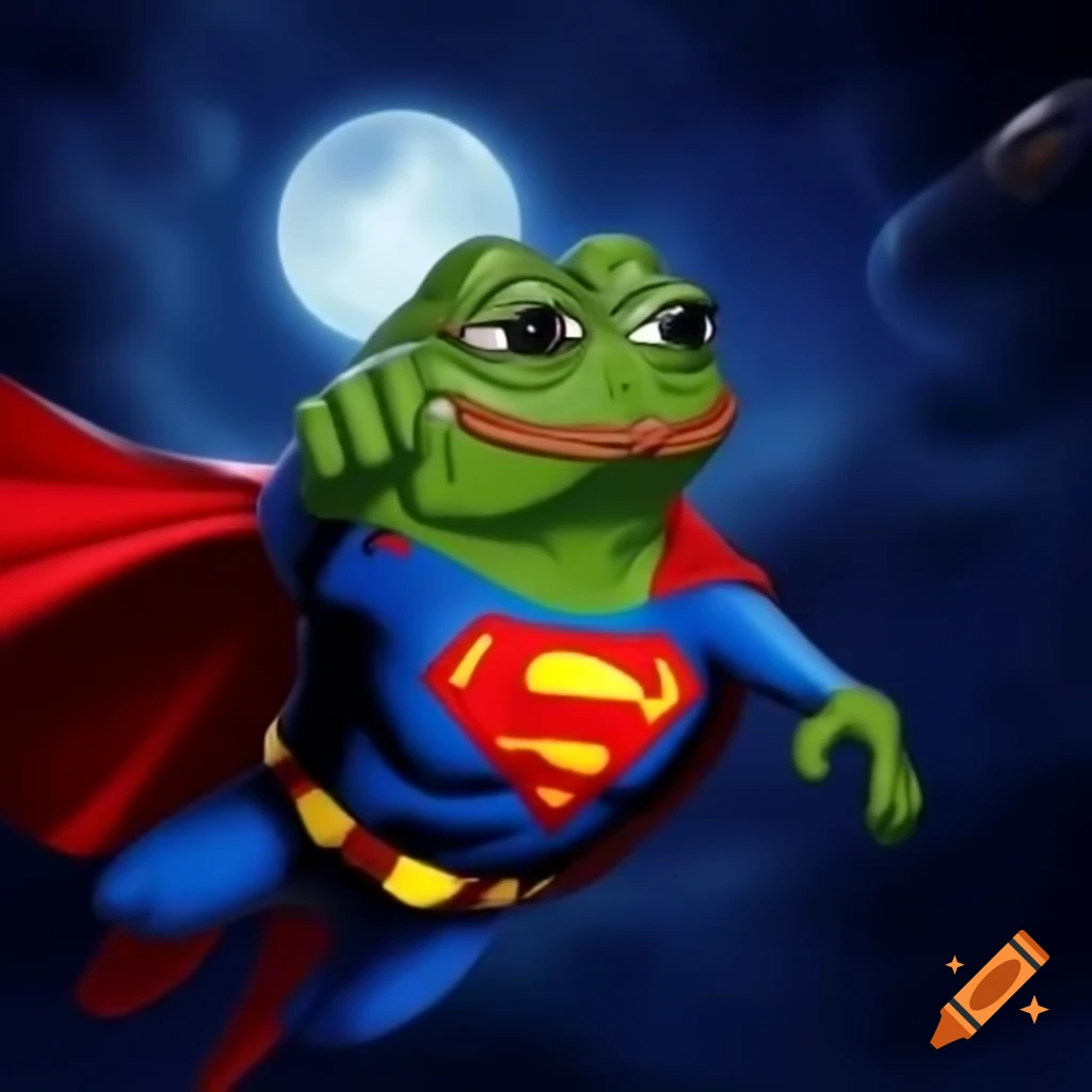 Pepe the Frog as a superhero flying through space with cape and moon on ...