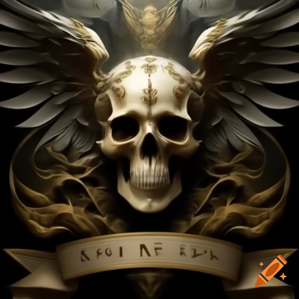 Majestic gilded skull with wings above a banner saying 'Outer Heaven ...