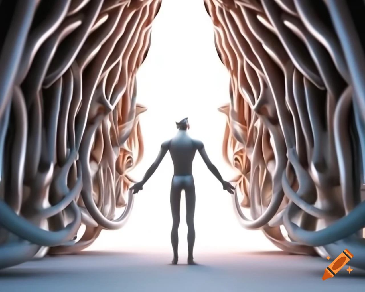 Abstract sculpture of a slender metal figure reaching towards ...