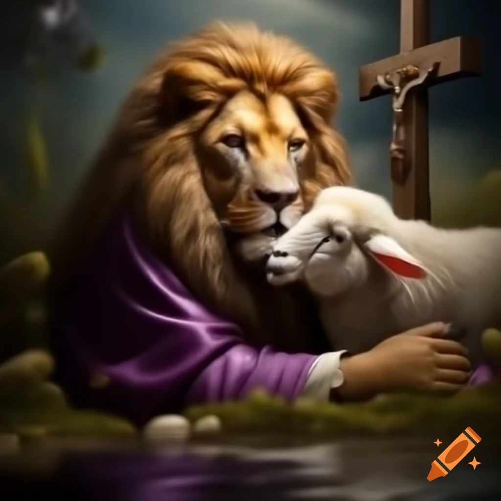 Symbolic scene of forgiveness, peace, featuring lion and lamb by river ...