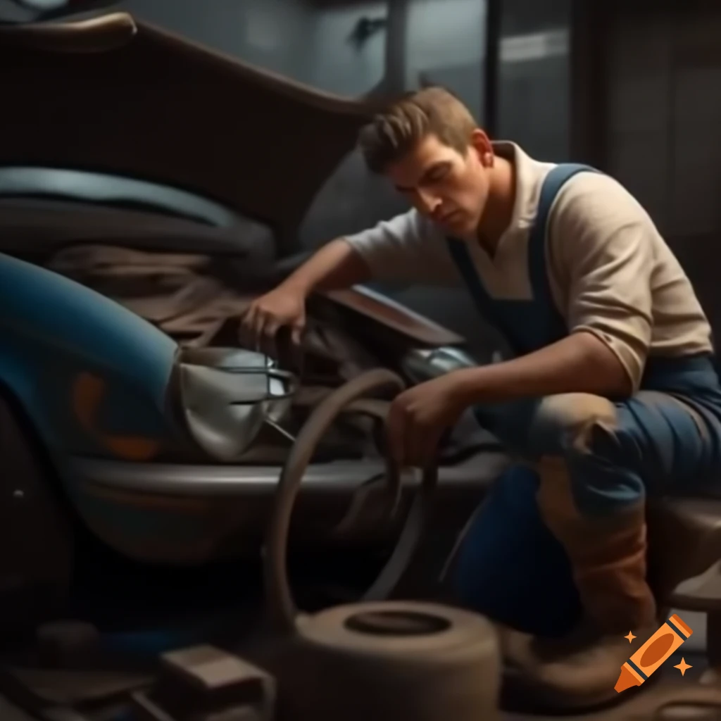 Mysterious mechanic repairing classic car in garage on Craiyon