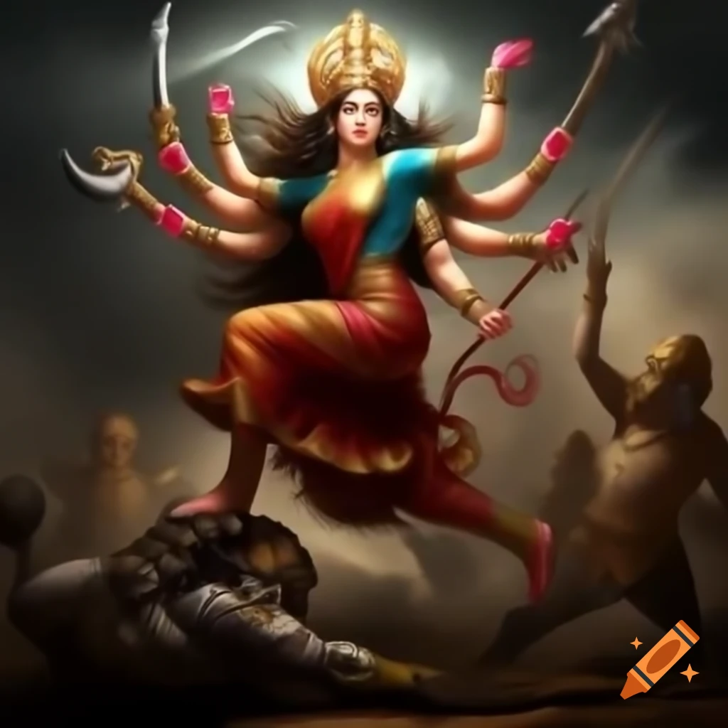 Goddess Durga on tiger in battle, wielding spear against demons on Craiyon