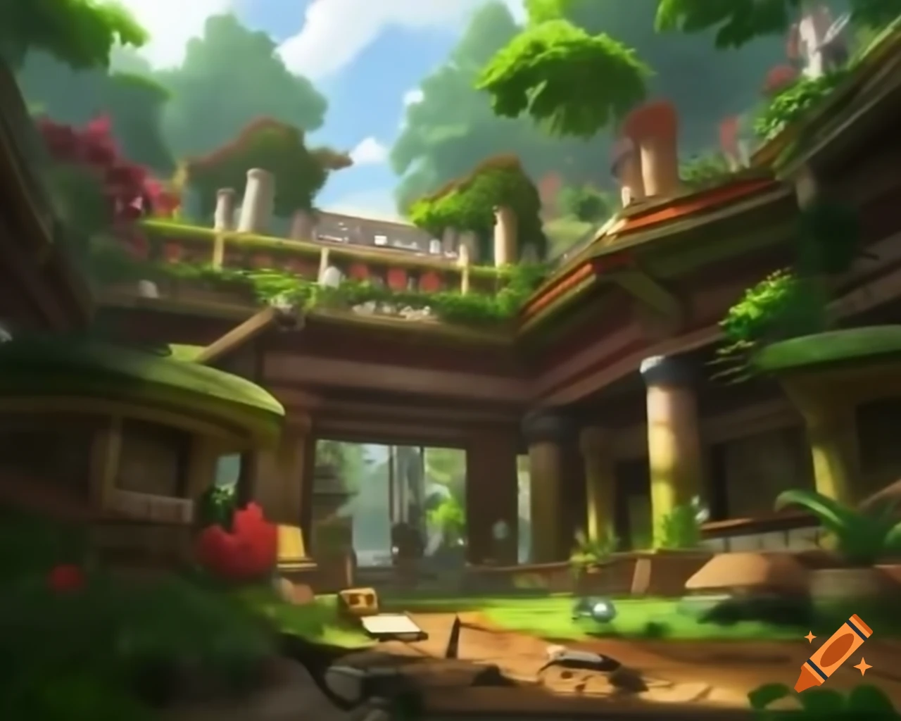 Futuristic streetscape combining ancient Mesoamerican architecture and ...