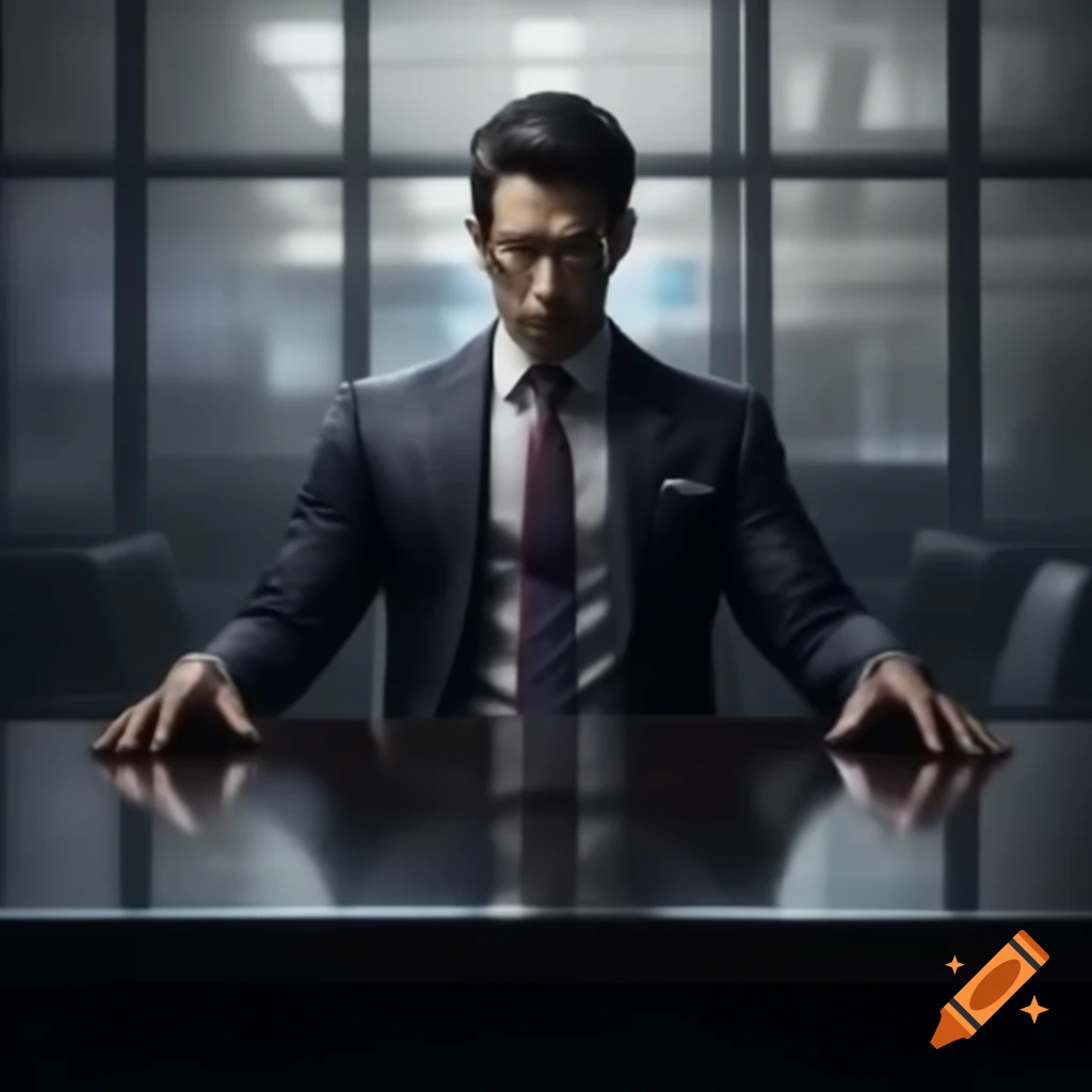 Imposing man in business suit leaning on sleek table in corporate ...