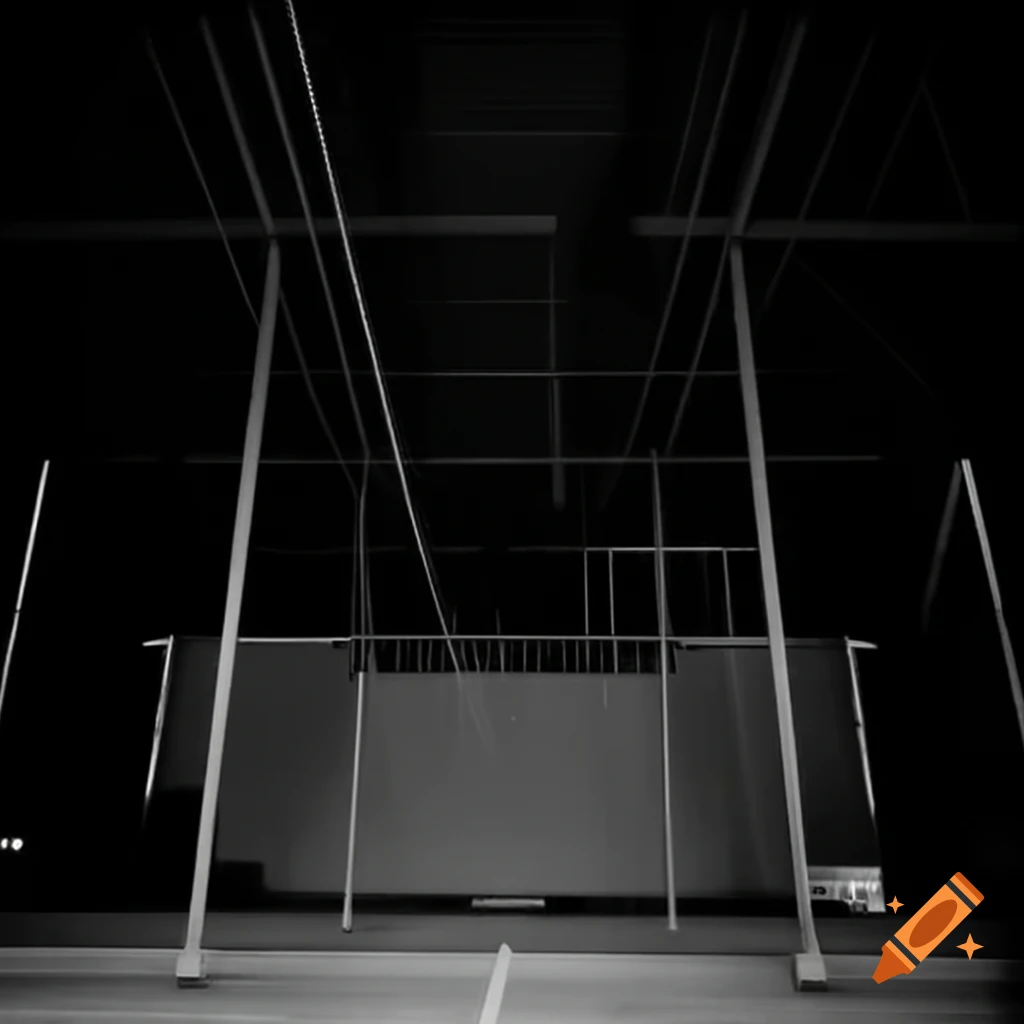 Rectangular modular synth upside down hanging from roof on black music ...