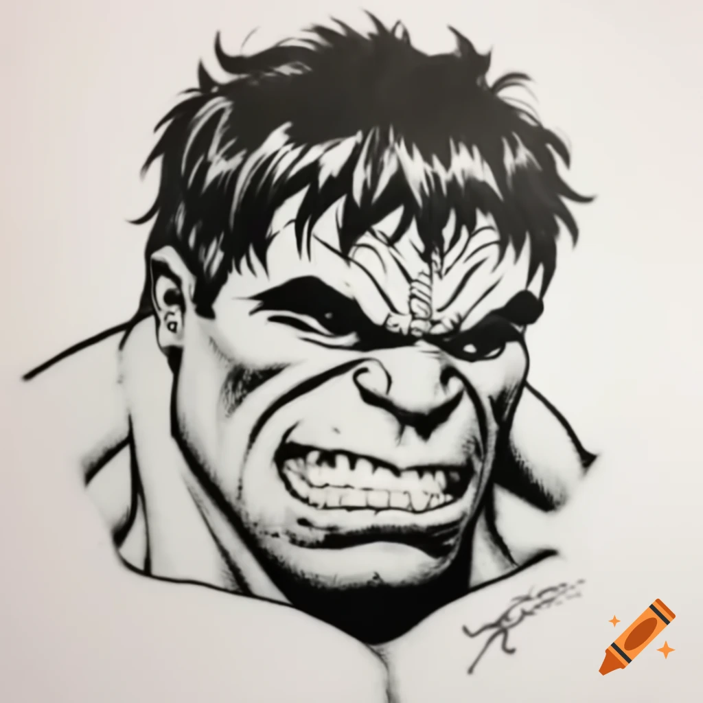 Detailed black and white pen and ink drawing of the Hulk smiling in ...