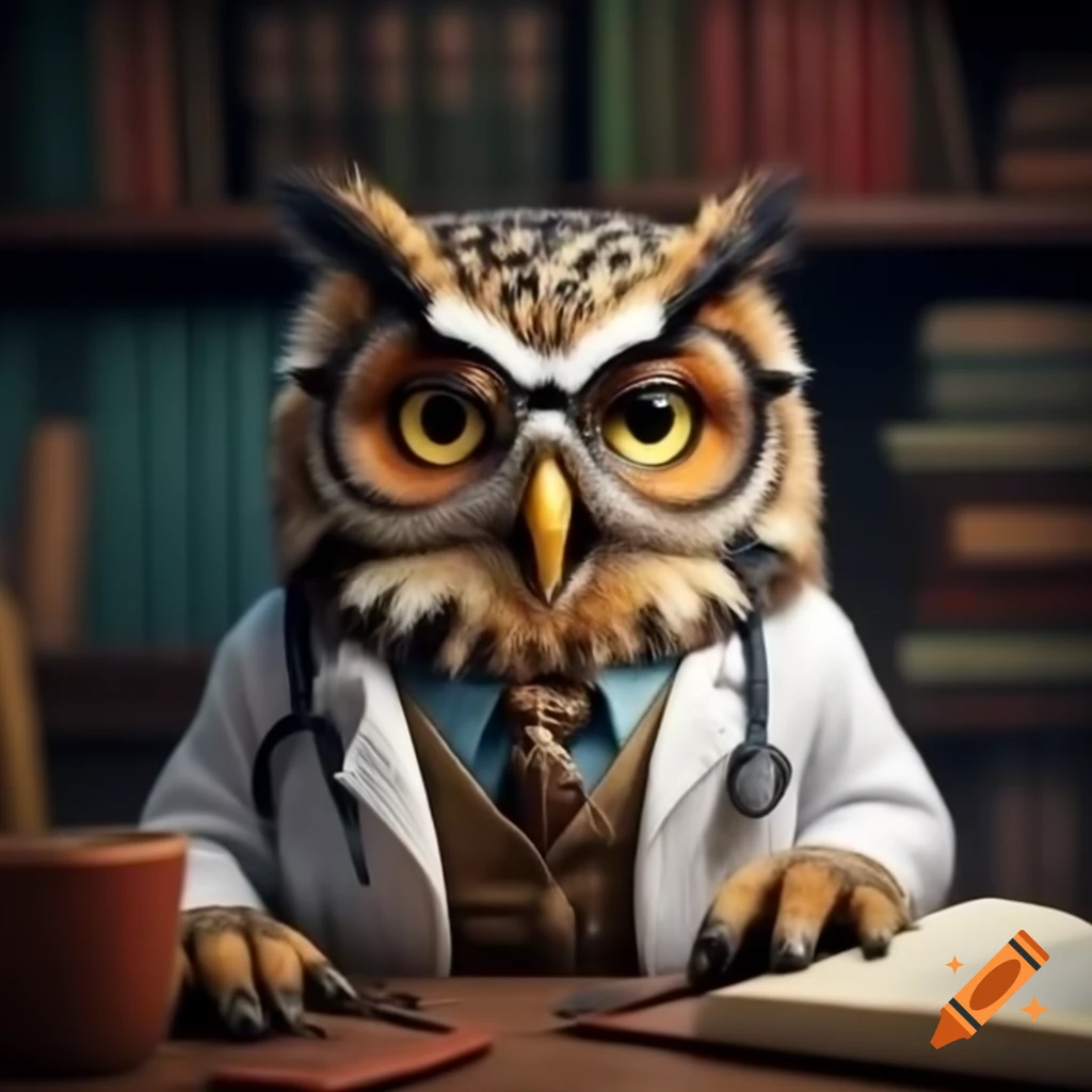 Happy owl dressed as a doctor with coat and glasses sitting in front of ...