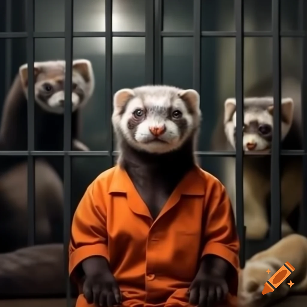 Blind ferret in orange jumpsuit searching for glasses in jail cell with ...