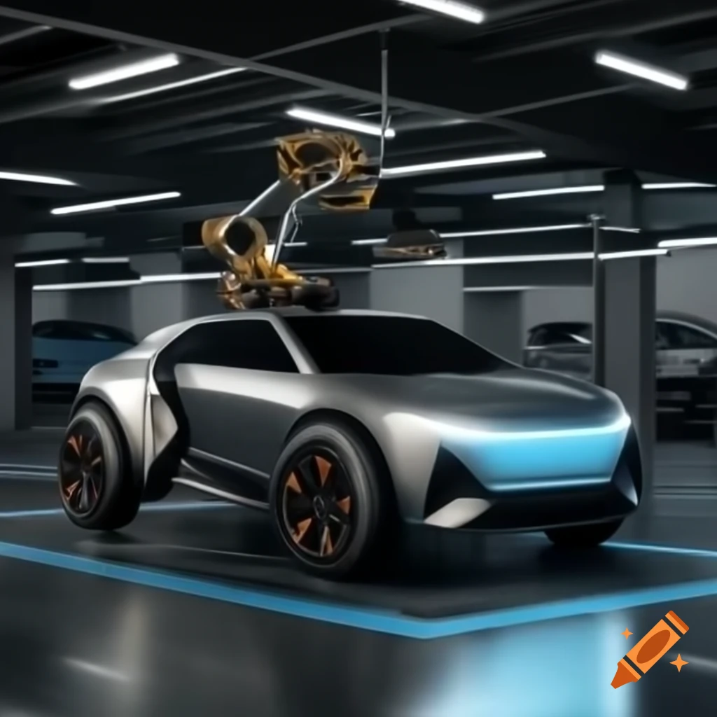 Futuristic car robot with forklift mechanism and chrome finish on Craiyon
