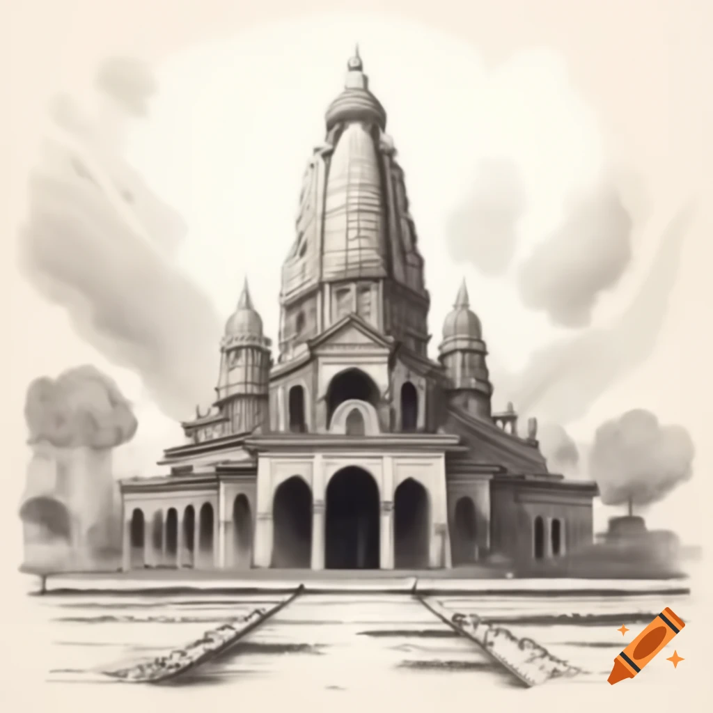 Hand-drawn sketch of gigantic temple building with Romanesque archway ...